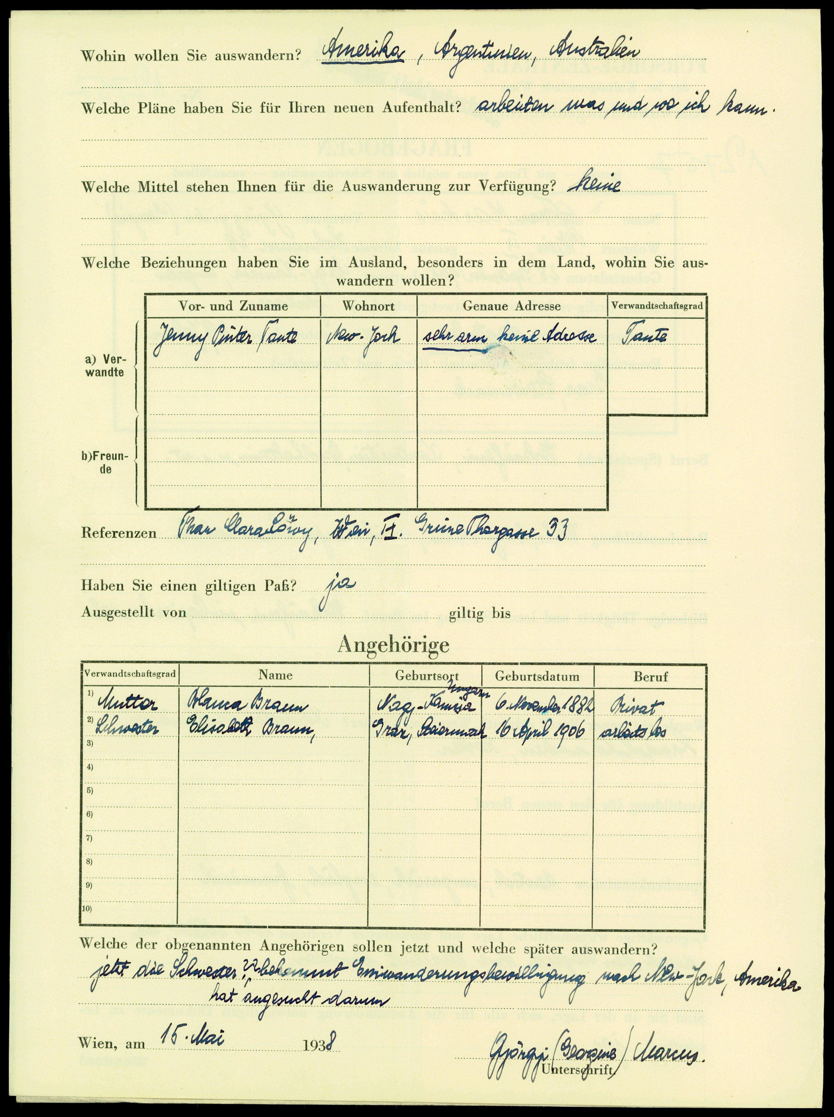 Applicant: Markus, Györgyke (Georgina); born 28.9.1904 in Nagy-kanizsa ...