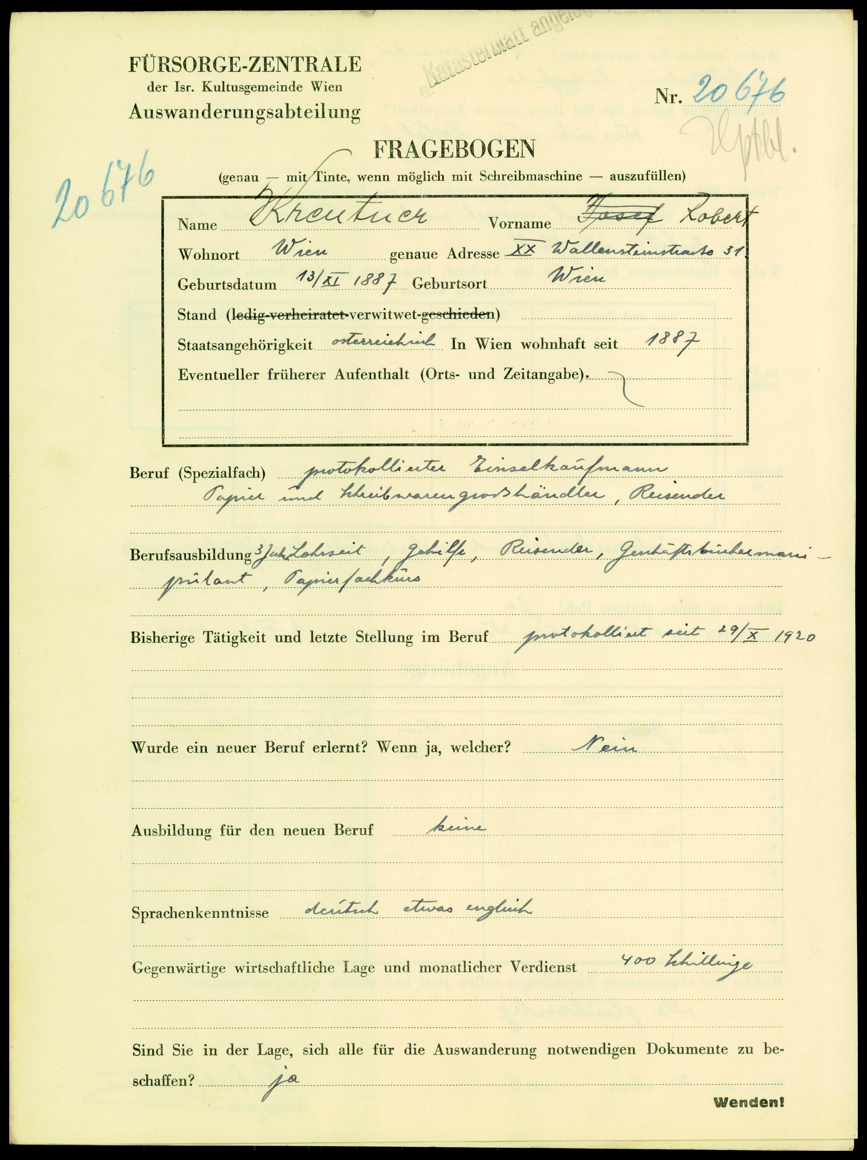 Applicant: Kreutner, Robert; born 13.11.1887 in Vienna (Austria ...