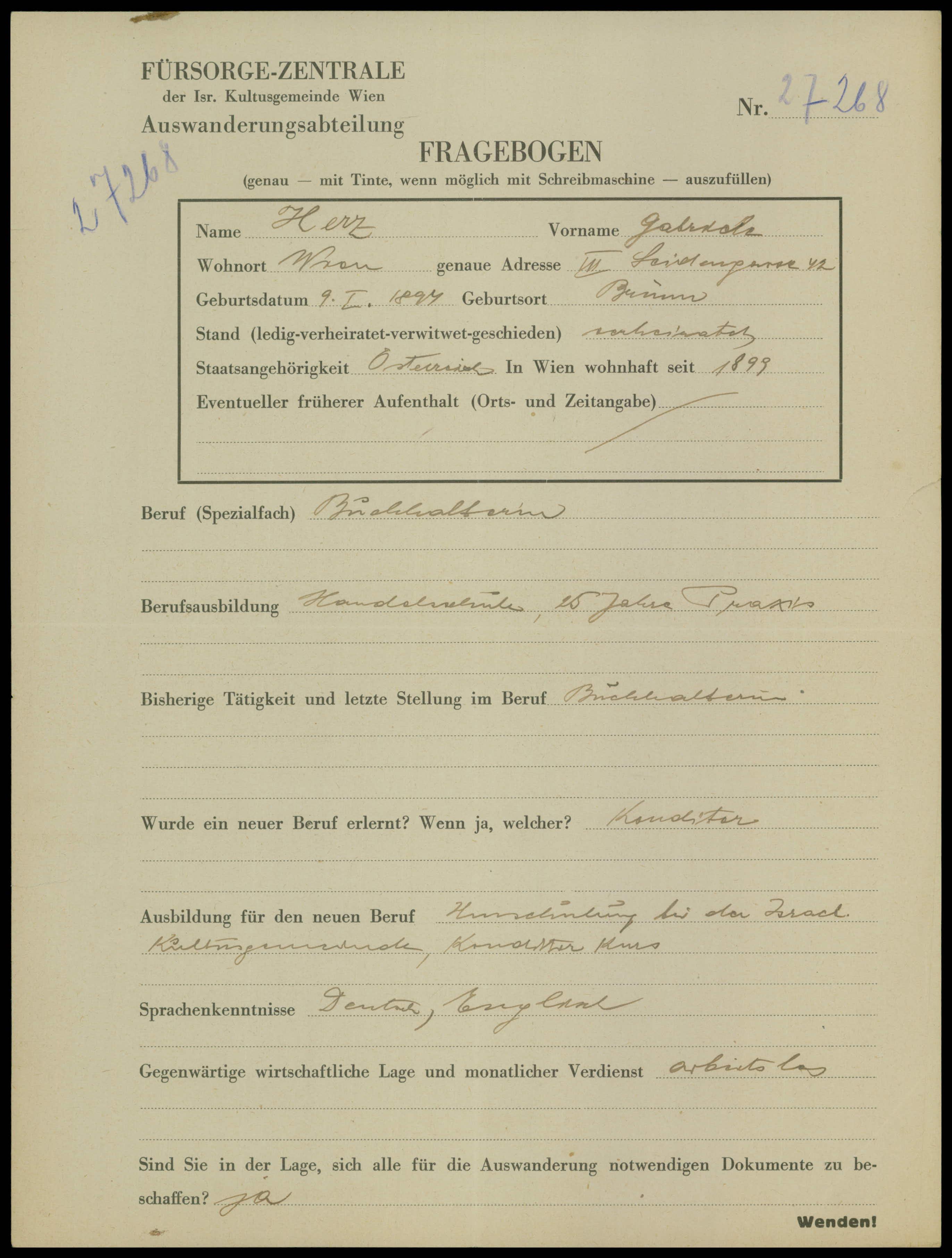 Applicant: Herz, Gabriele; born 9.1.1897 in Brno (Czech Republic ...