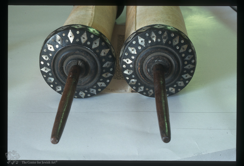 Photograph of: Zenica Torah scroll : Torah Scroll staves incrusted with ...